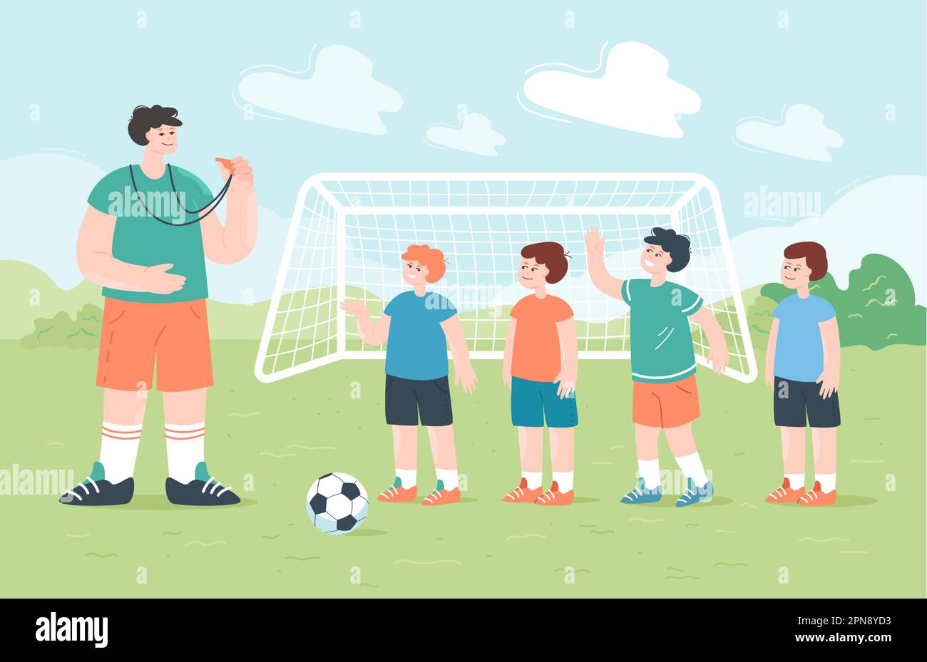 Football players with coach on field flat vector illustration Stock ...