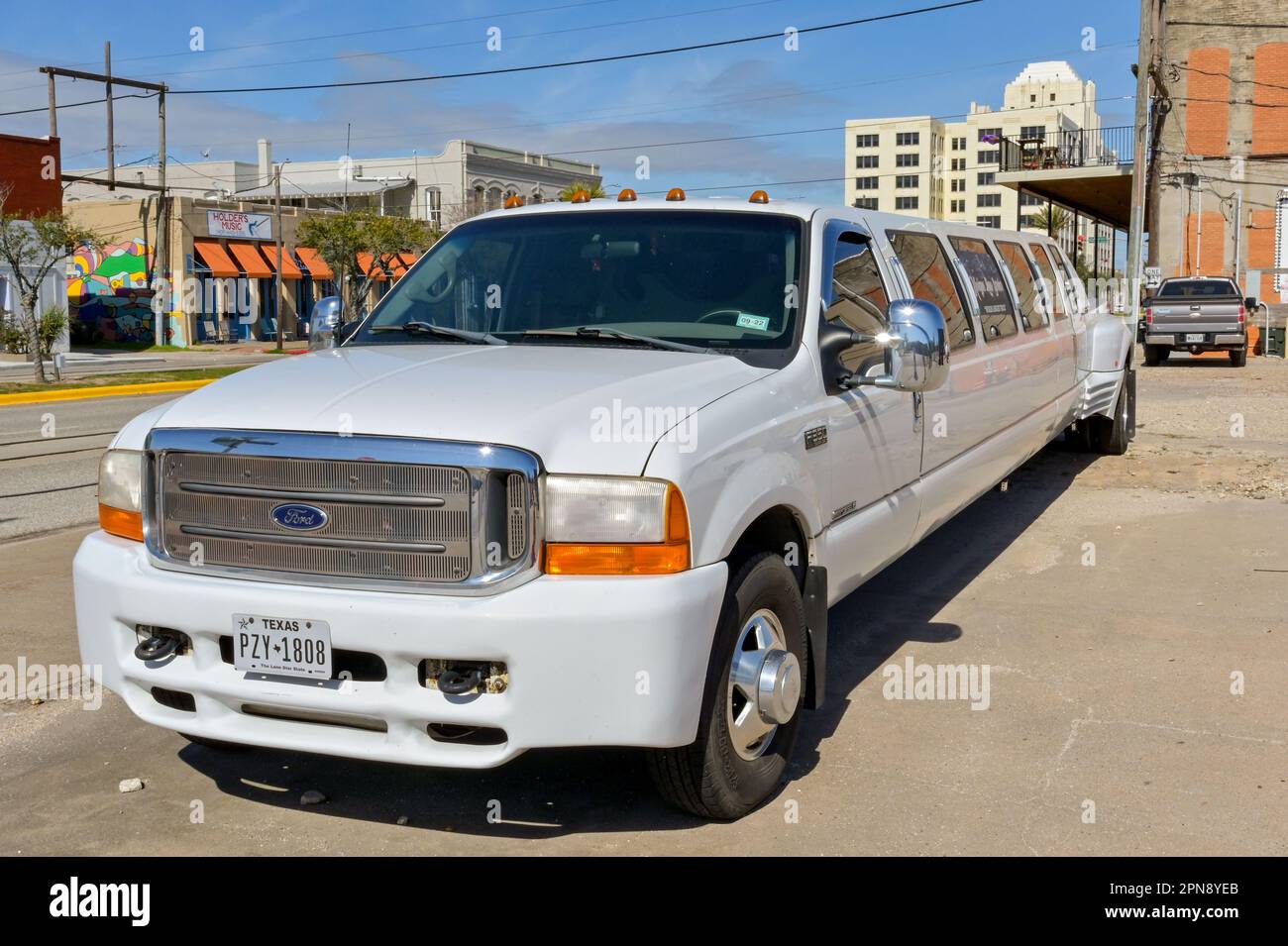Galveston, Texas, USA - February 2023: Front of a streched Ford pickup ...