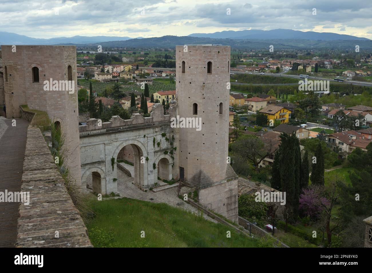 View of Spello medieval village and roman Porta Venere or Venus Gate ...