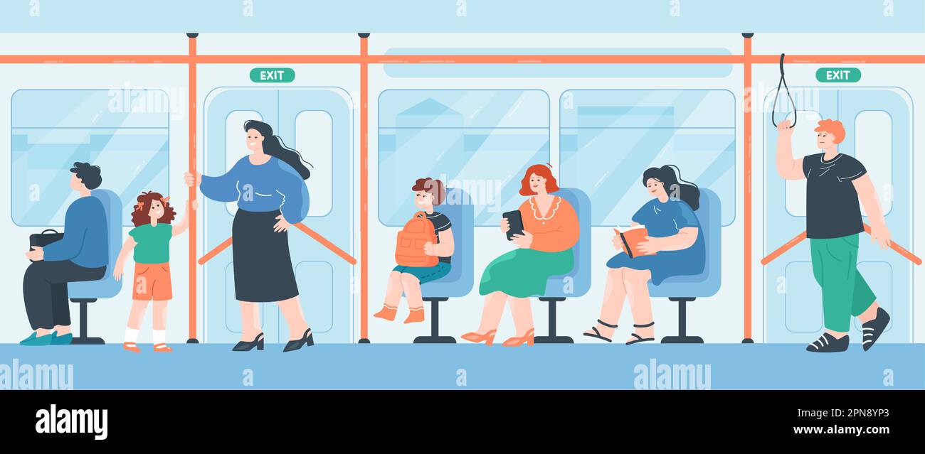 Cartoon people sitting or standing in bus or subway Stock Vector Image ...