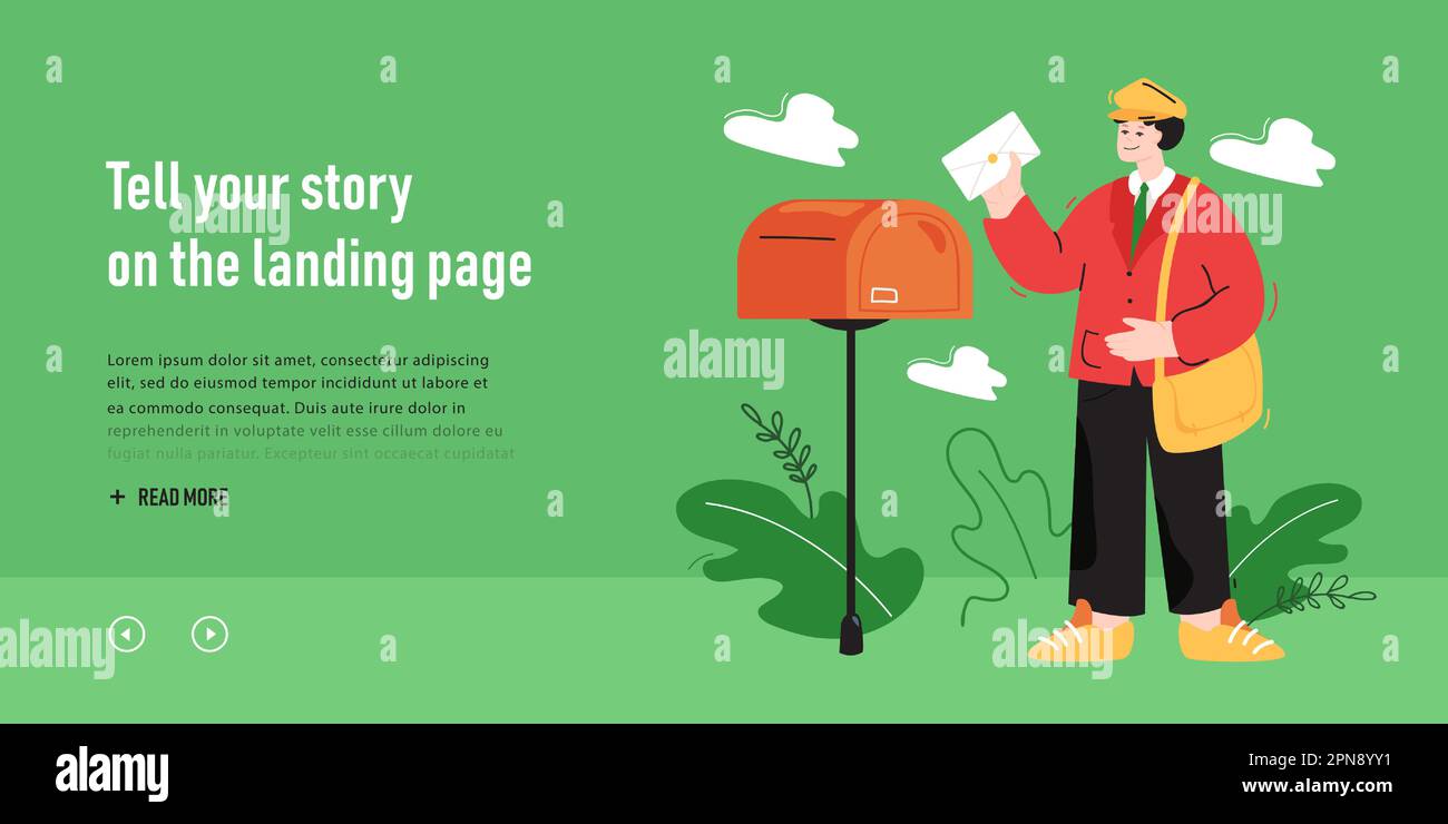 Postman cartoon character with envelope standing next to mailbox Stock ...