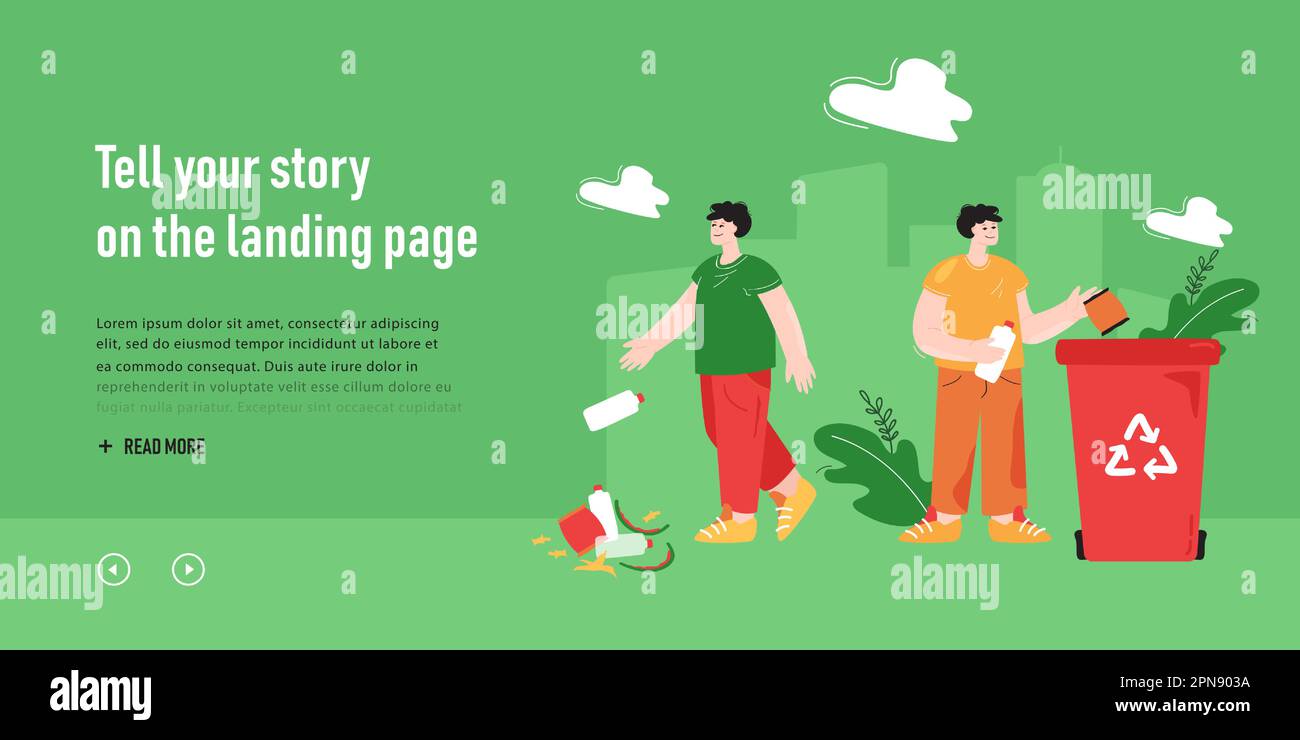 Two cartoon men throwing trash on ground or in recycle can Stock Vector ...