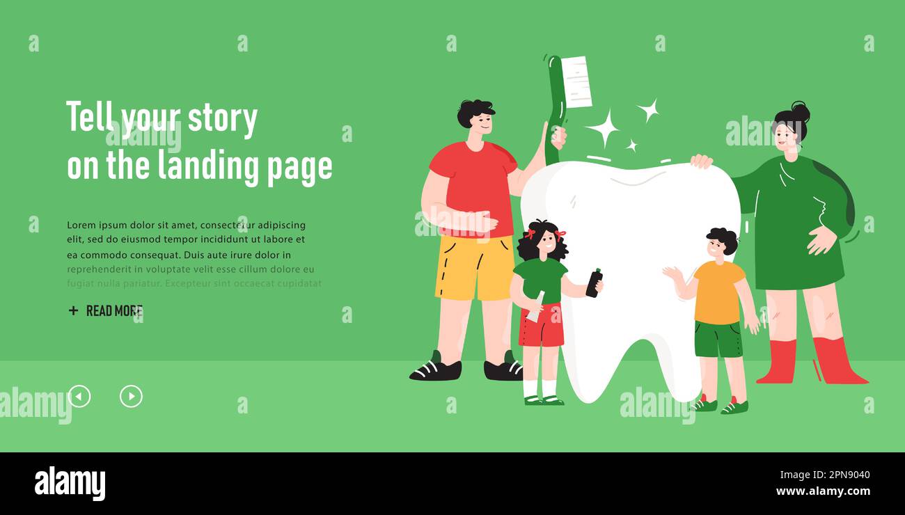 Happy cartoon family standing next to big molar tooth Stock Vector ...