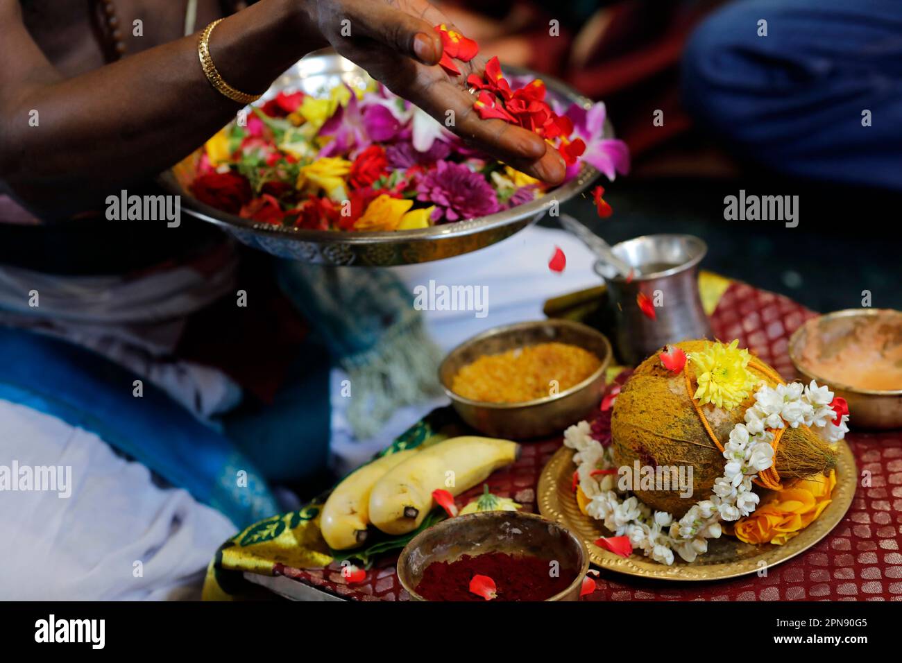 Sri Krishnan hindu temple. Hindu priest ( Brahmin ) performing puja ...