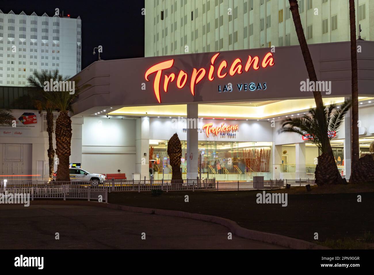 A picture of the entrance to the Tropicana Las Vegas - a DoubleTree by Hilton Hotel at night ...