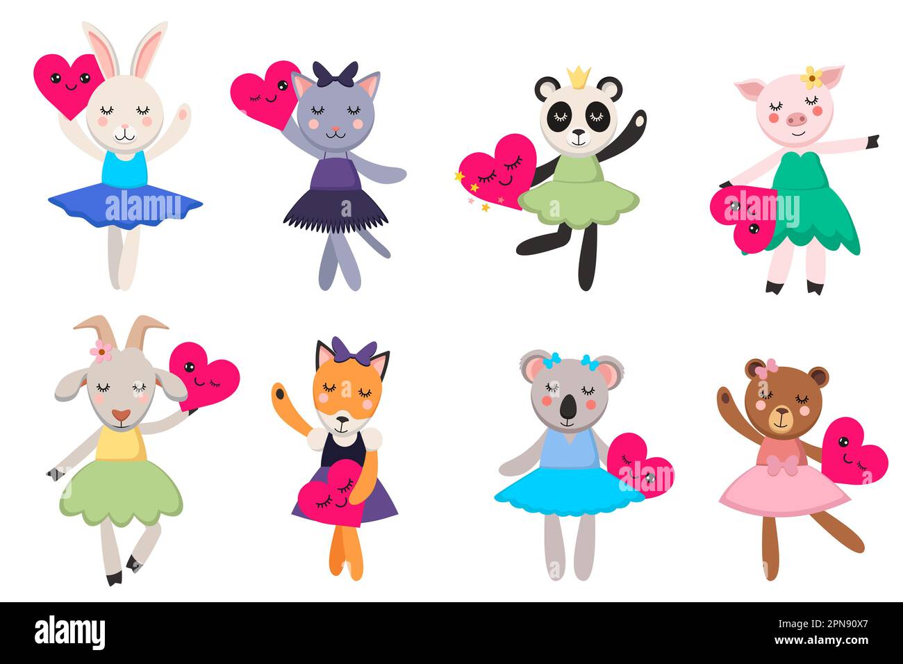Dancing ballet animals in elegant dresses holding pink hearts Stock ...