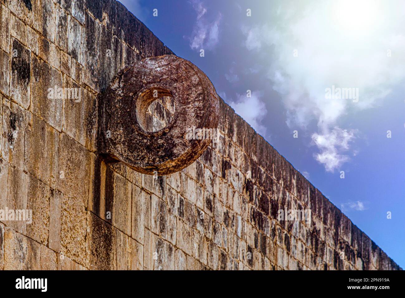 Ball game wall and basket from the Mayan ruins of Chichen Itza in the ...