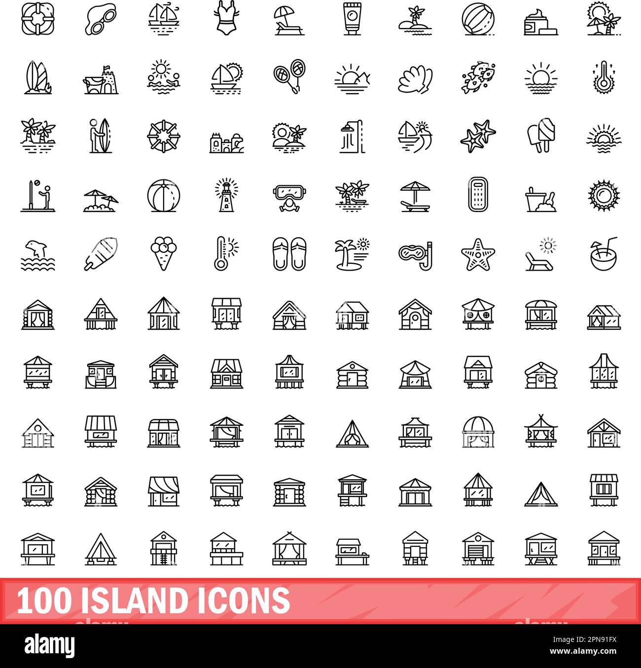 100 island icons set. Outline illustration of 100 island icons vector ...