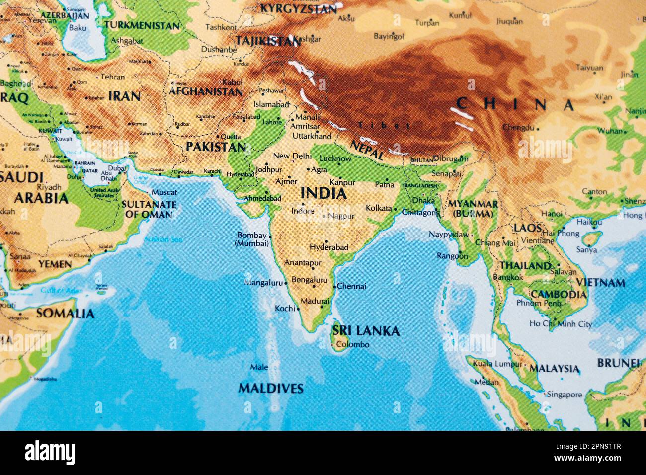 close up of a world map with asian side, India subcontinental in focus ...