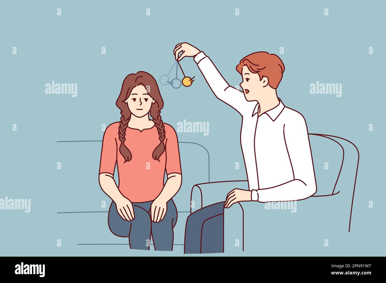 Man psychotherapist hypnotizes woman patient using pendulum to solve ...