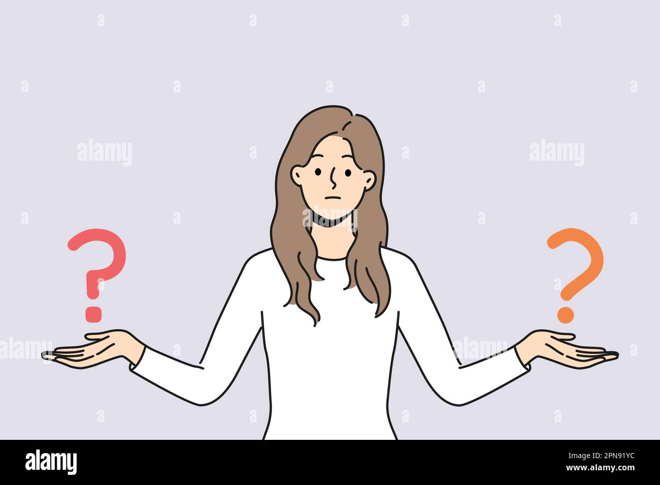 Confused woman with question marks on hands make decision. Unsure girl ...