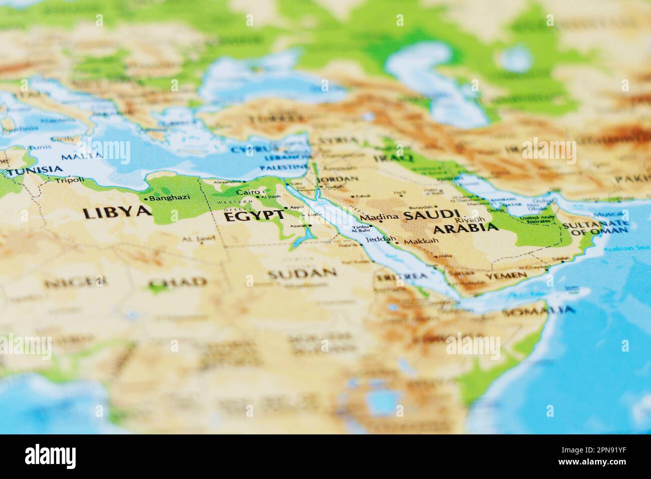 close up of a world map with african asian side, egypt and saudi arabia ...