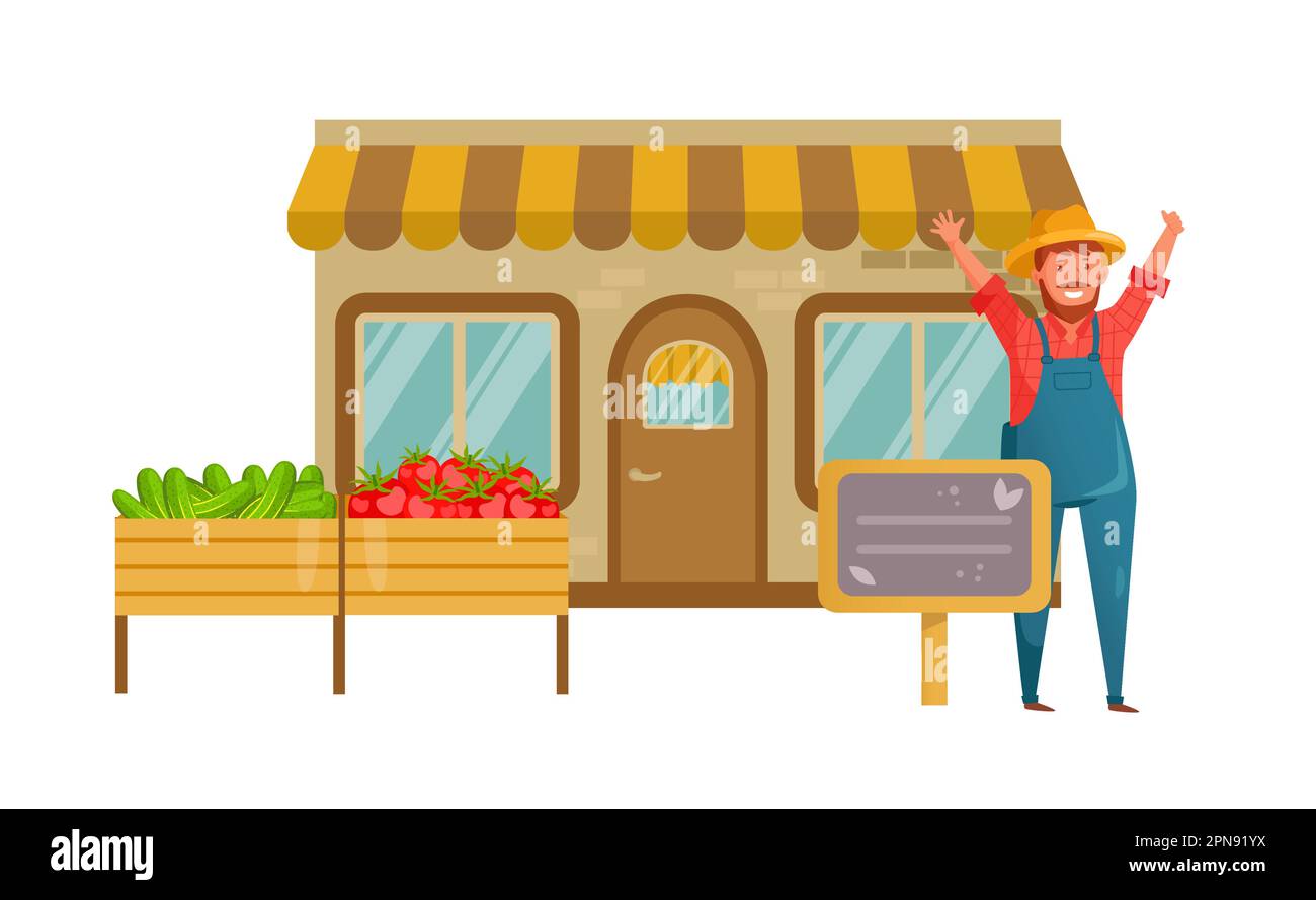 Happy farmer selling organic food in shop cartoon illustration Stock ...