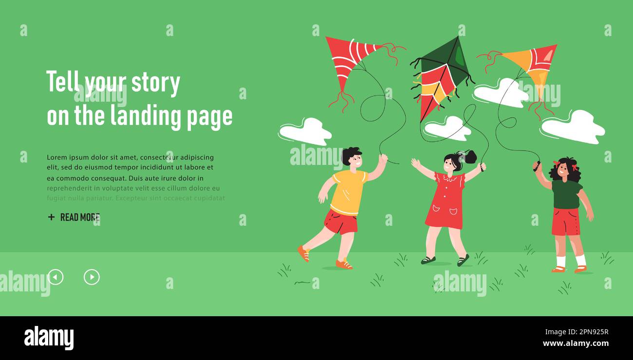 Boy and girls walking while holding strings of kites outside Stock ...