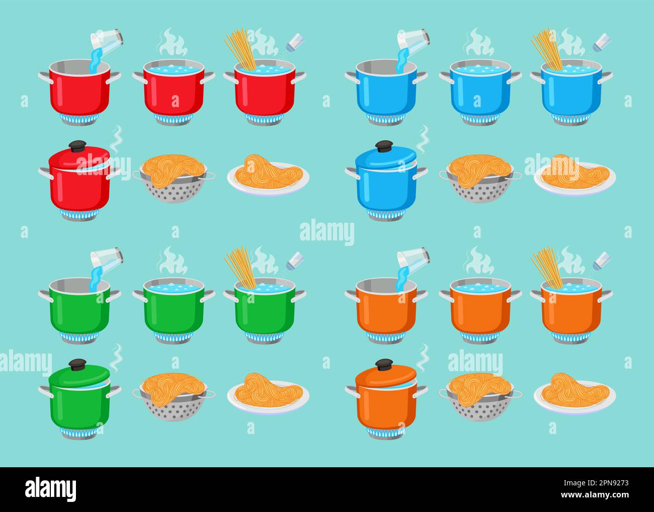 Pasta cooking process in colorful pots vector illustrations set Stock ...