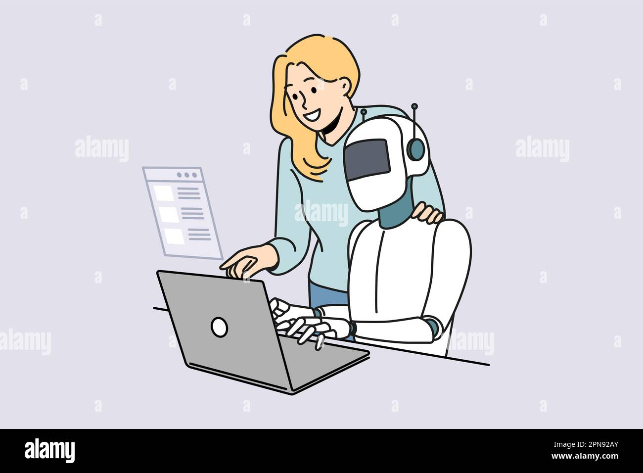 Female Employee And Robotic Assistant Work Together On Computer Robot Tester Search Program