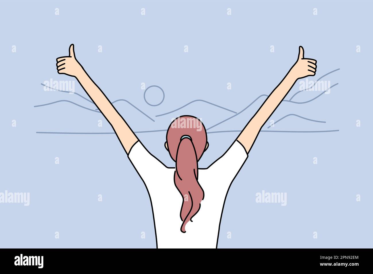 Back view of excited woman with thumbs up standing in mountains ...