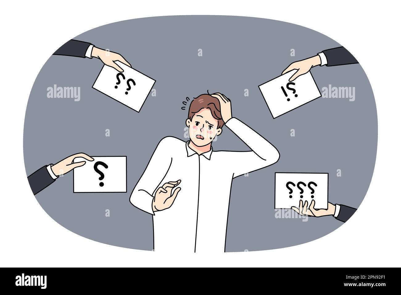 Confused young man with question marks around winder about problem solution. Frustrated guy feel ...