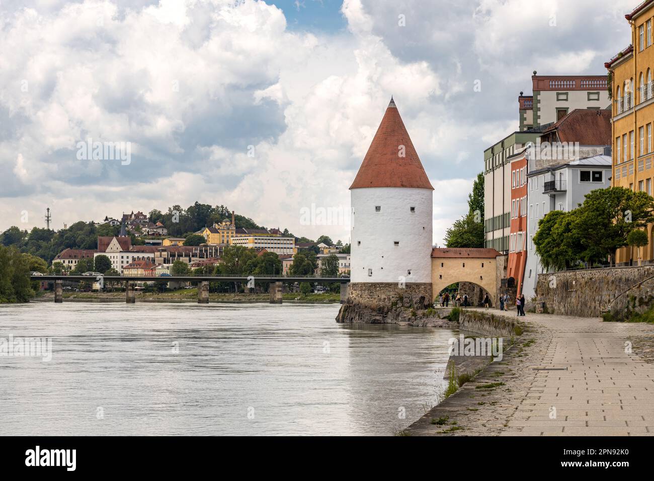 Passau, Bavaria, Germany, view to banks of river Inn with the round ...