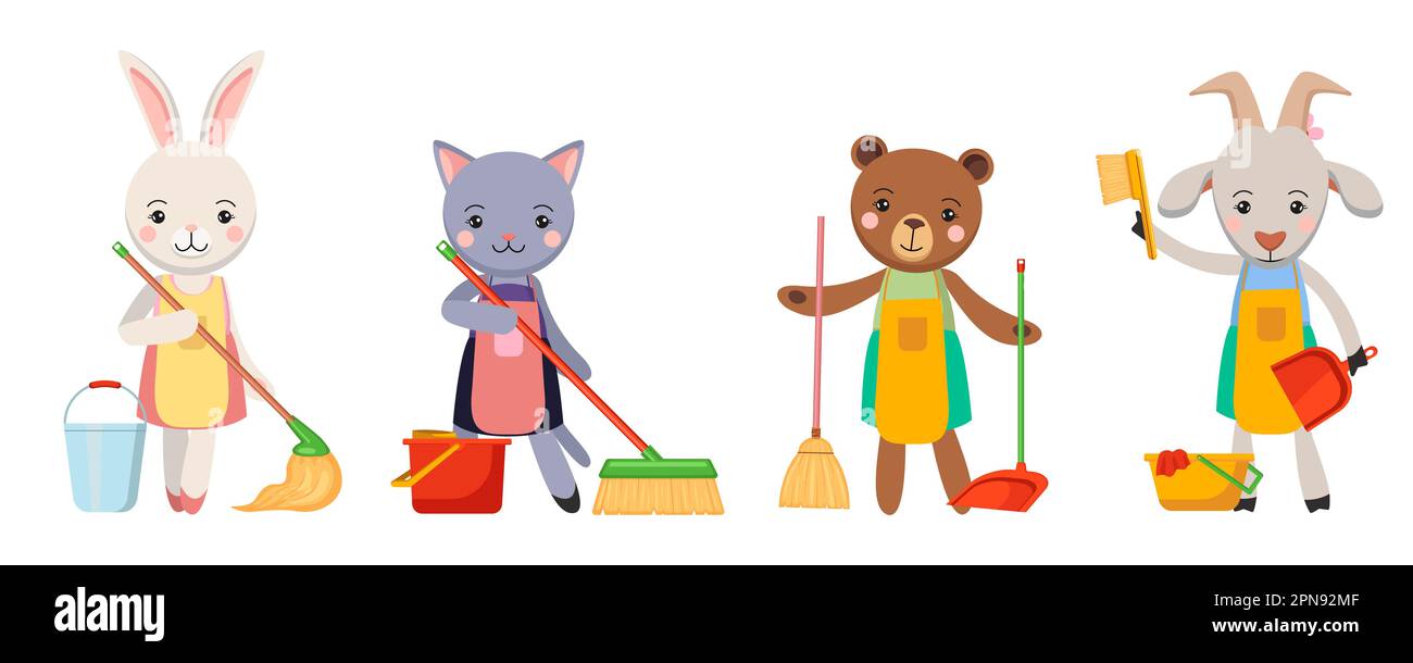 Cute animals in aprons with cleaning items vector set Stock Vector ...
