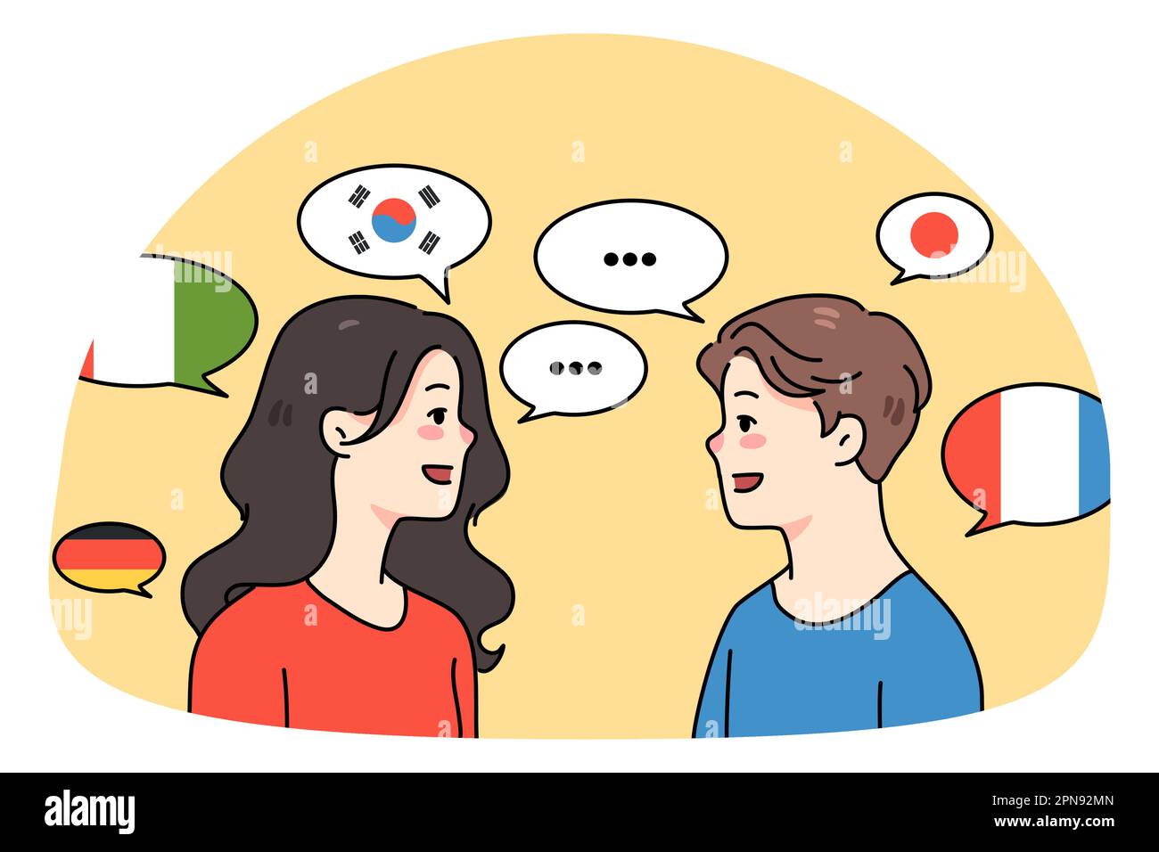 Diverse people talk in different languages. Smiling multiethnic man and ...