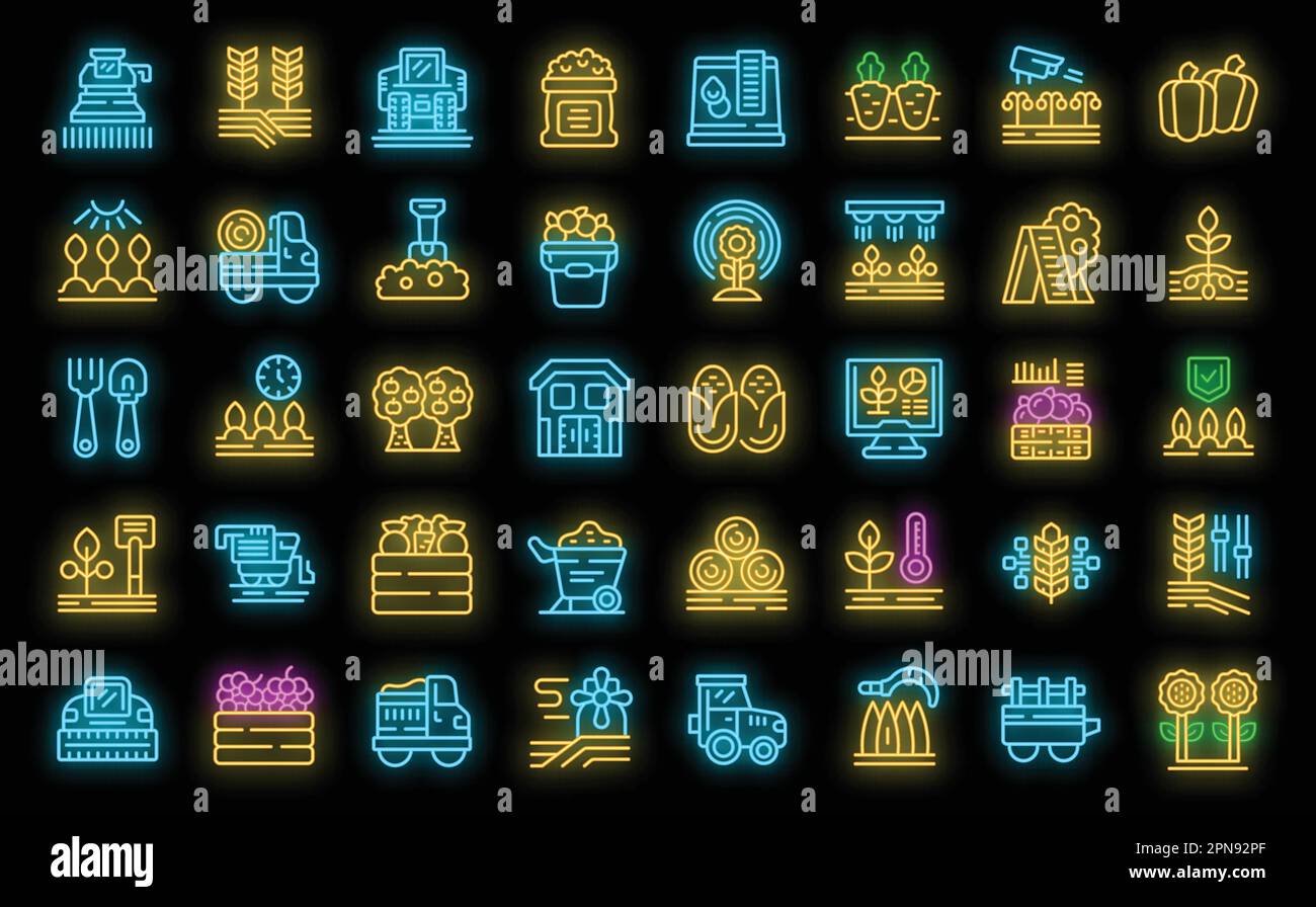 Harvesting icons set outline vector. Combine harvest. Farm field neon ...
