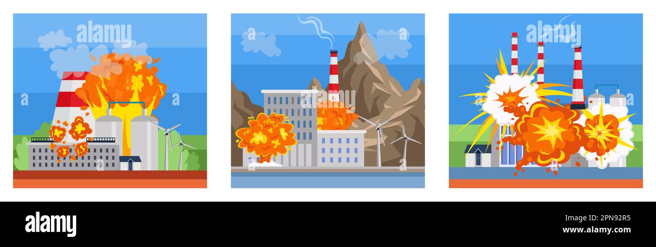 Explosions at factories cartoon illustrations set Stock Vector Image ...