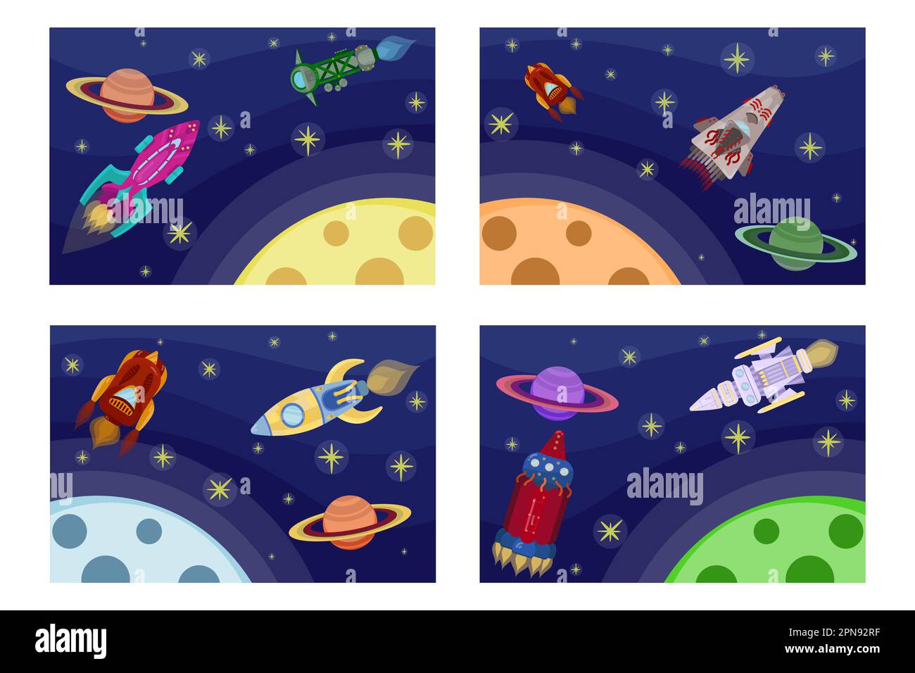 Rockets flying in in space cartoon illustrations set Stock Vector Image ...