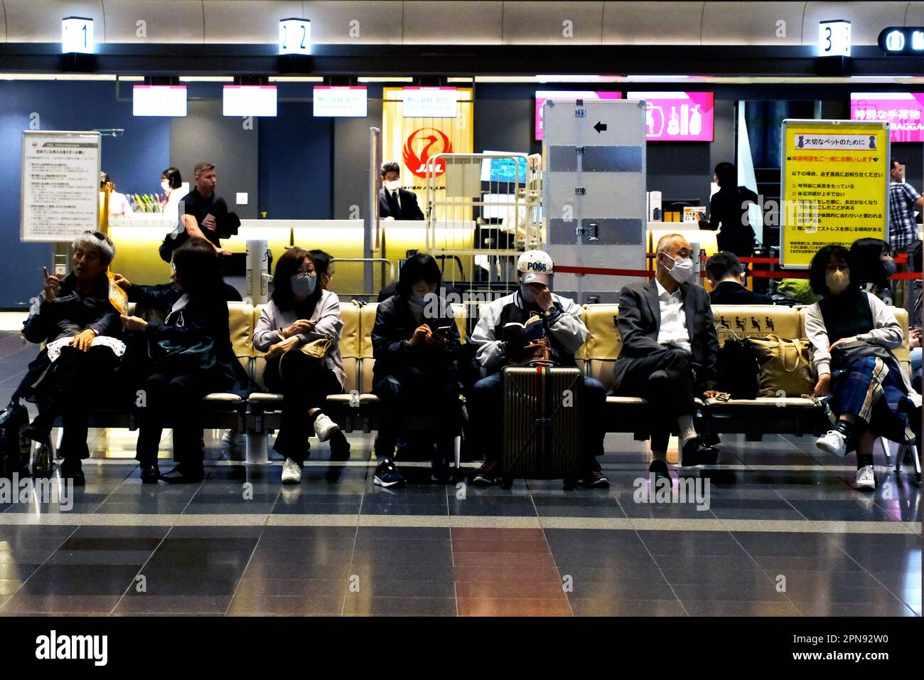 Tokyo, Japan. 17th Apr, 2023. Passengers at the JAL departure lounge of ...