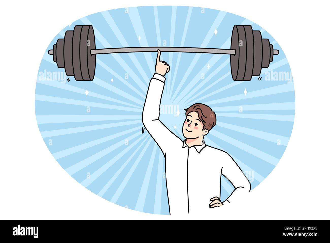 Smiling young businessman hold heavy barbell on finger show power and ...