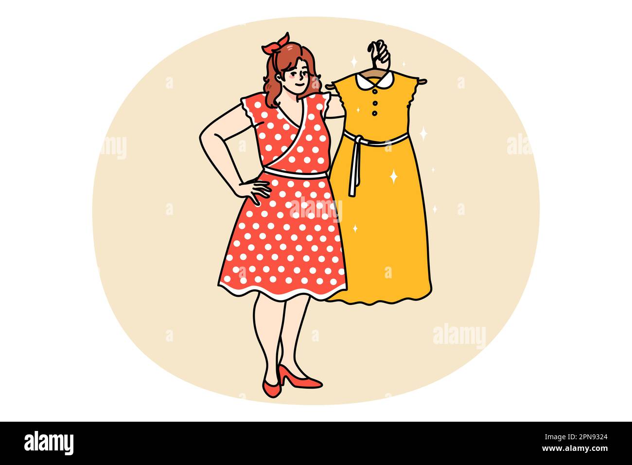 Overweight woman hold hanger with dress on shopping in store. Plump fat ...