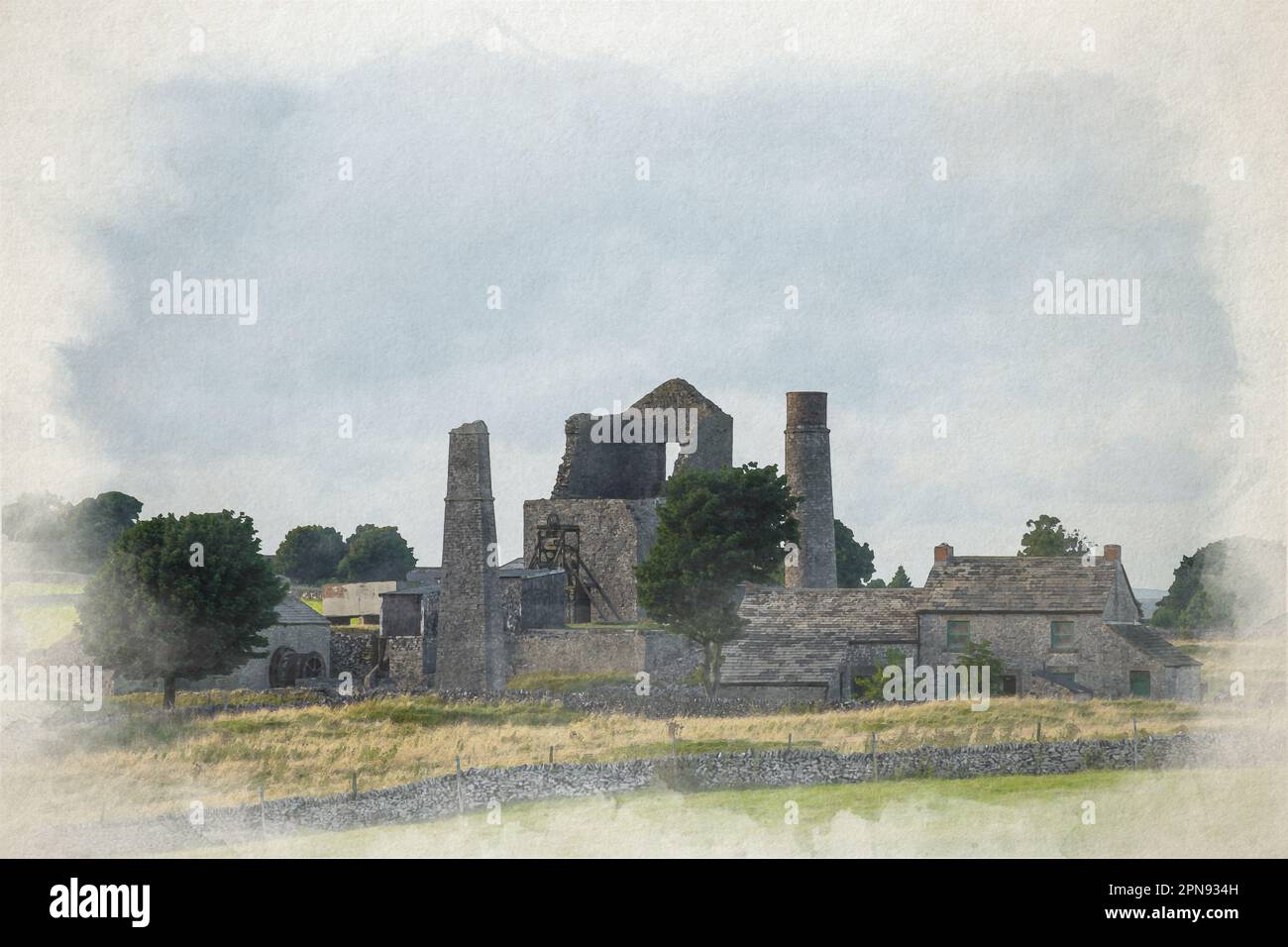 Digital watercolour painting of Magpie Mine an abandoned disused lead ...