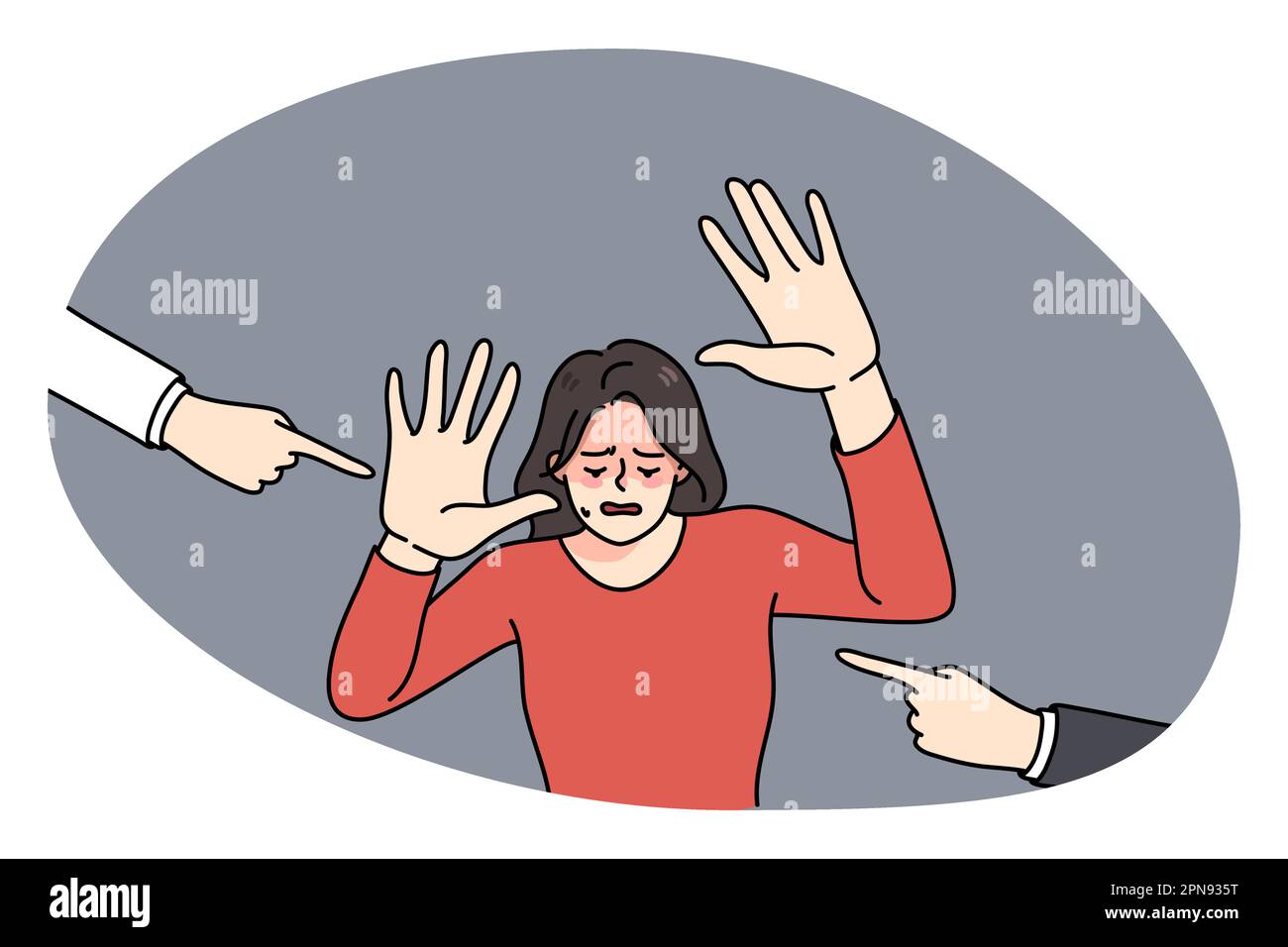 Unhappy crying woman feel stressed with people fingers pointing at her ...