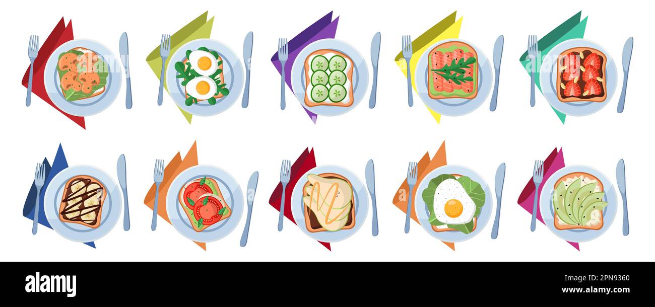 Plates with different healthy toasts cartoon illustrations set Stock ...