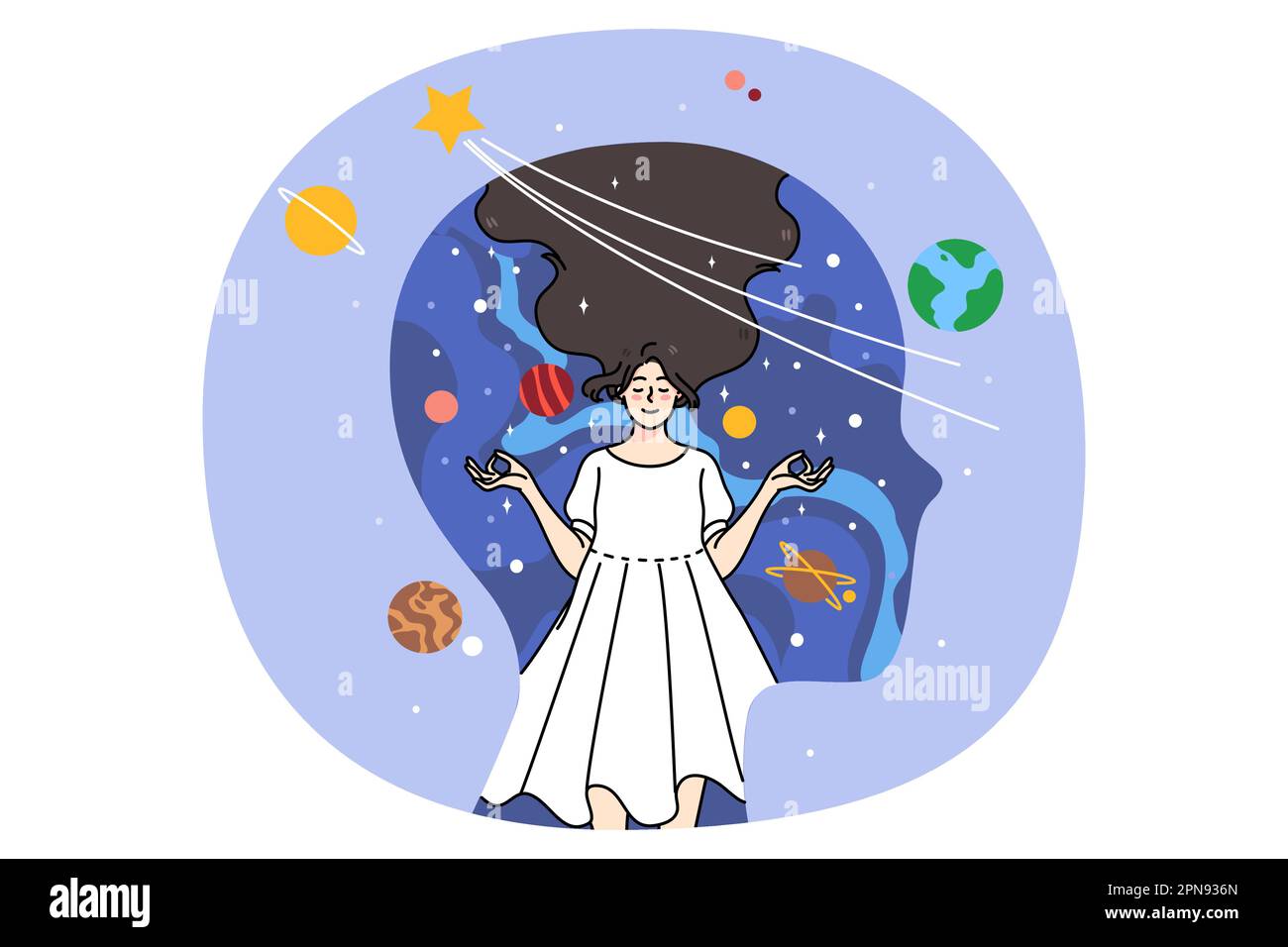 Huge head with calm woman inside meditate with mudra hands. Concept of ...