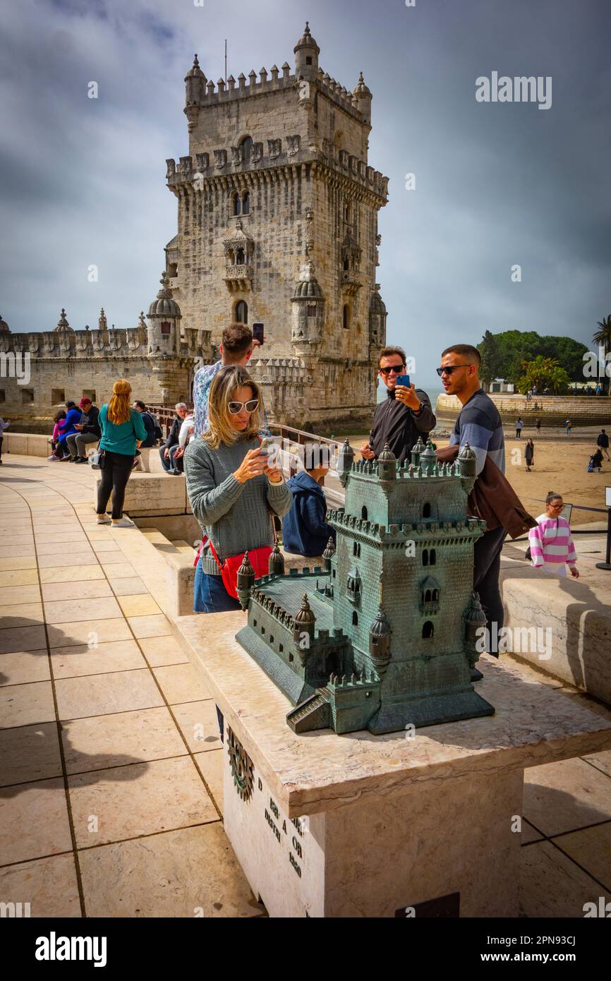 Belem Tower in Lisbon with model tower in foreground Stock Photo - Alamy