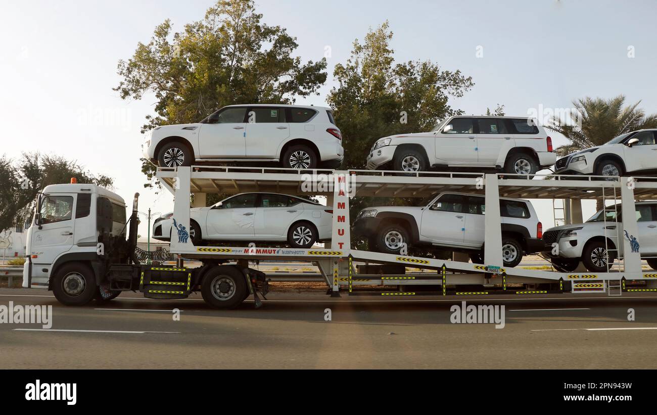 Dubai, United Arab Emirates - April 12, 2023 logistics trailer carrying ...