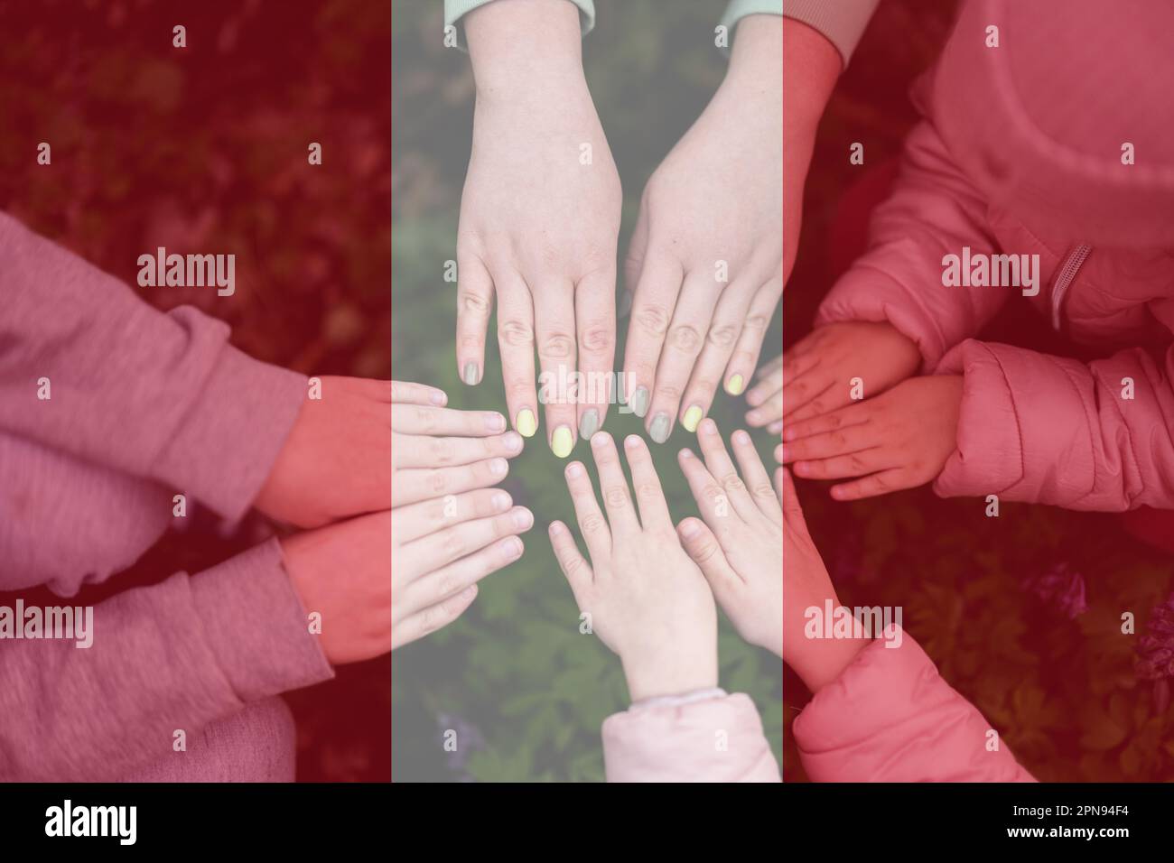 Hands of kids on background of Peru flag. Peruvian patriotism and unity ...
