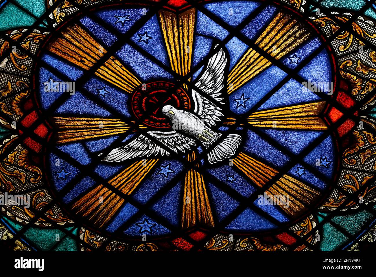 Stained Glass built 1920s. Glass by Franz Meyer Germany. A white dove ...