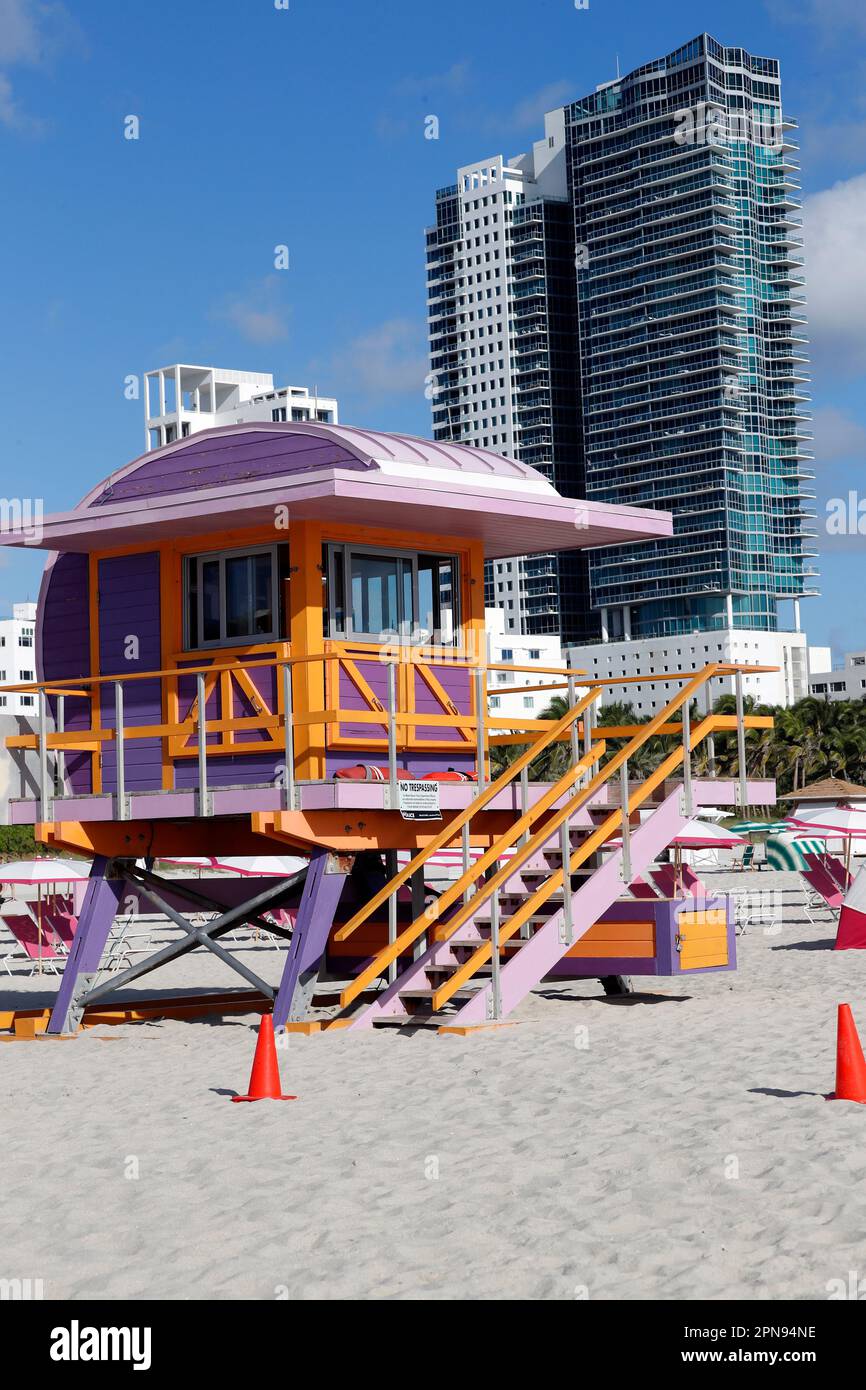 Lifeguard tower at South Beachg at a resort hotel on Miami Beach. Miami ...