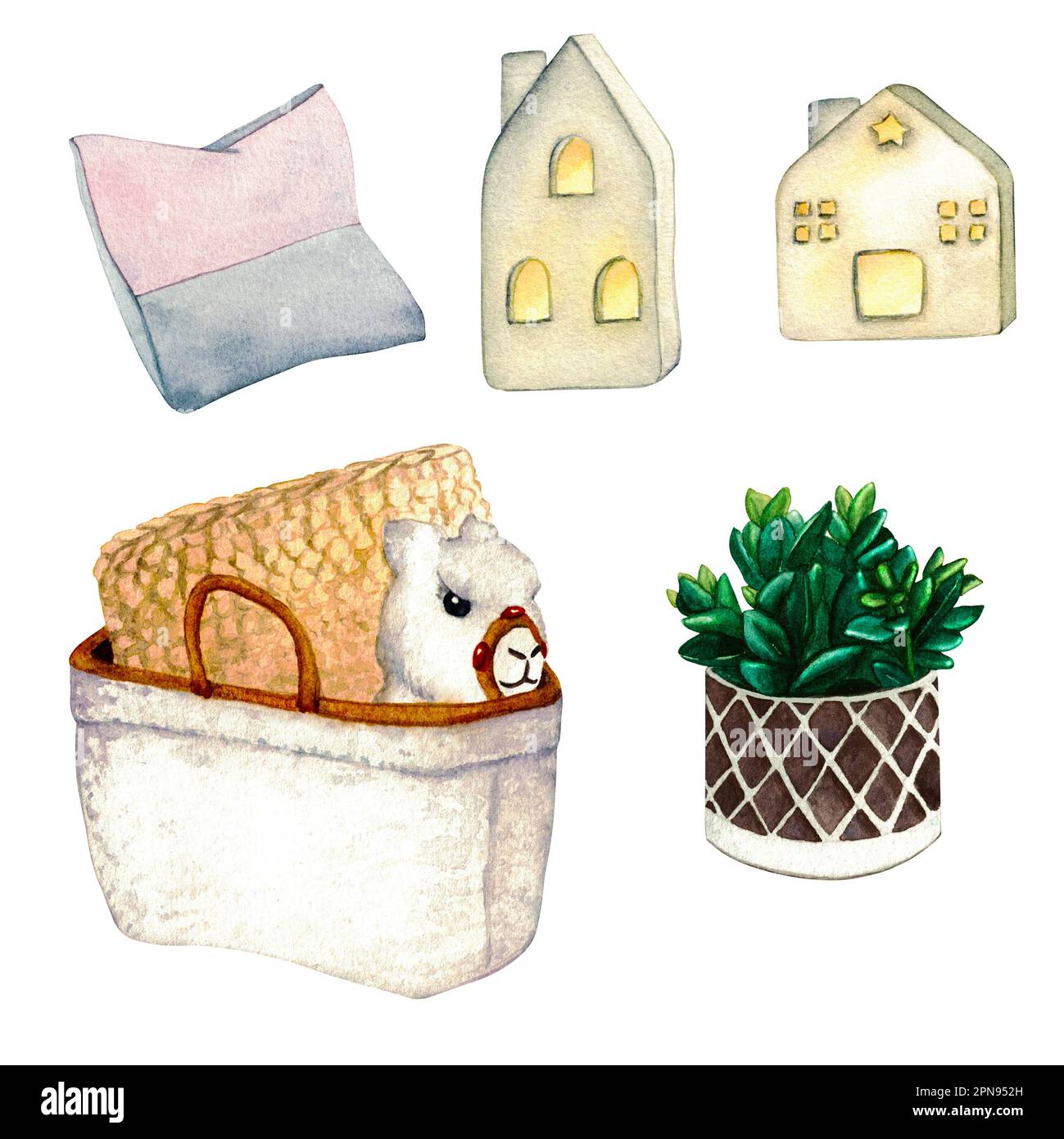 Watercolor set illustration with ceramic houses lanterns, wicker basket ...