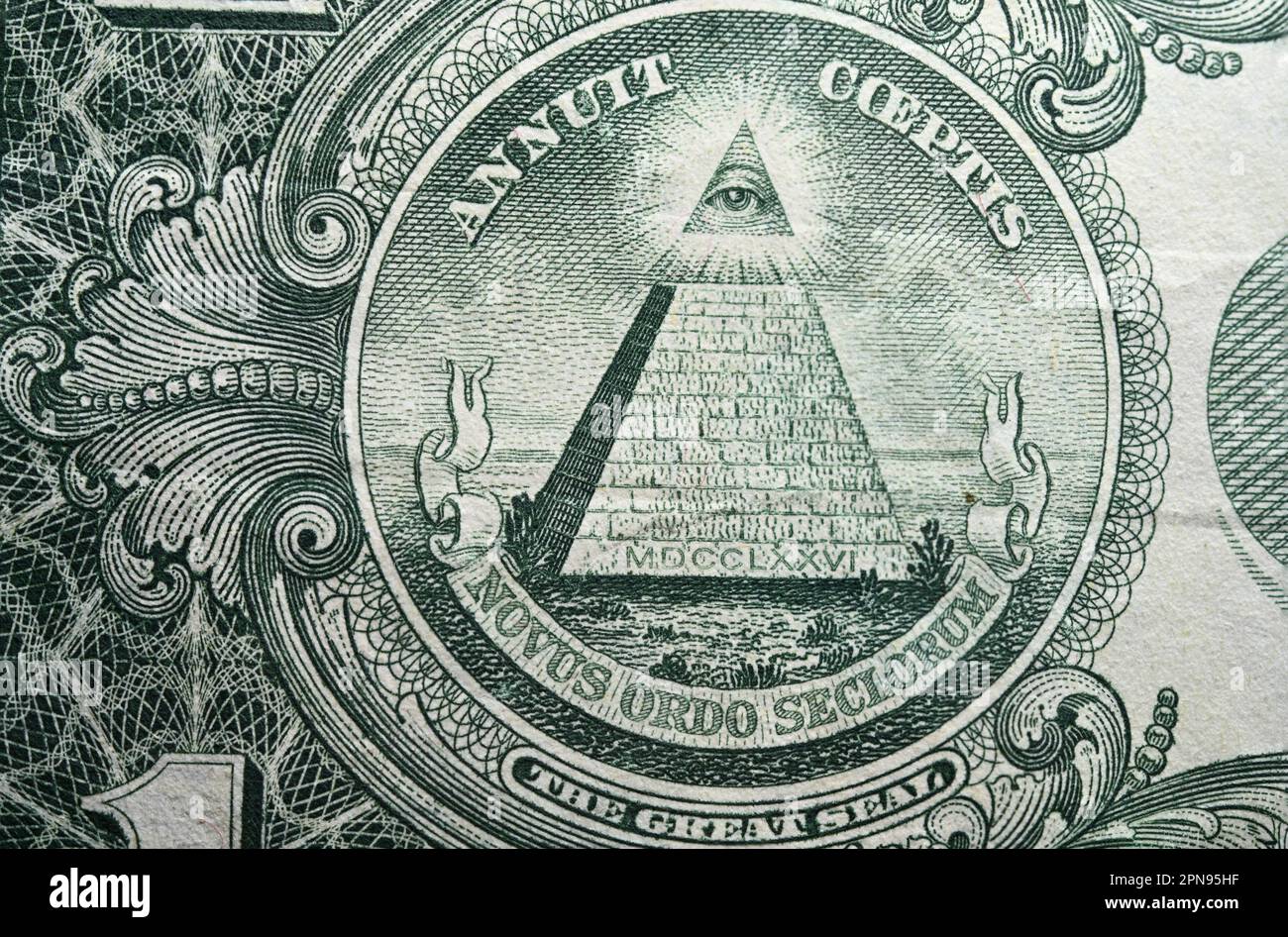 Partial view one dollar banknote money extreme detail closeup of ...