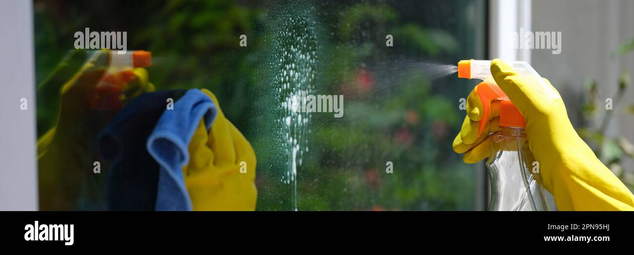 Woman using detergent and rag for cleaning window Stock Photo - Alamy