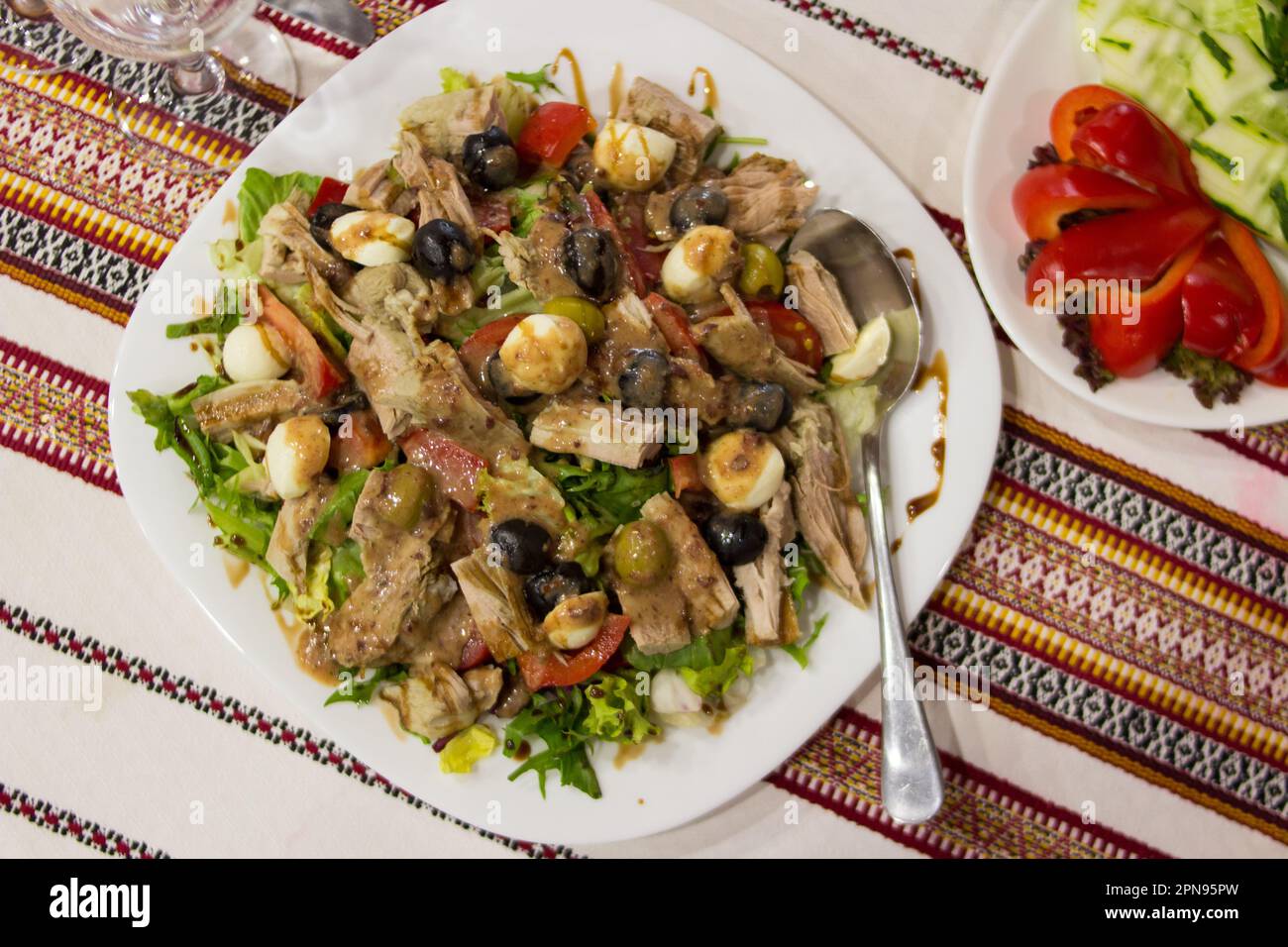 Chicken dish on the plate top view in the restaurant Stock Photo - Alamy