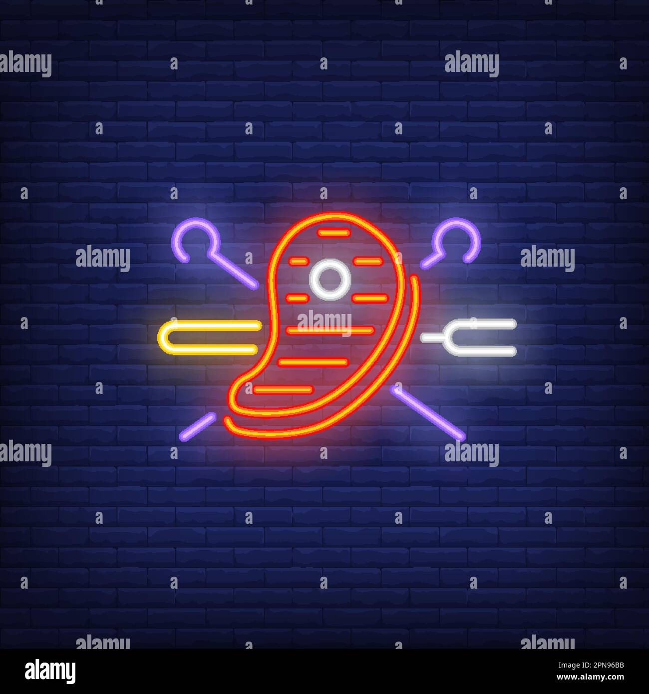 Beef steak with crossed skewers and fork neon sign Stock Vector Image ...