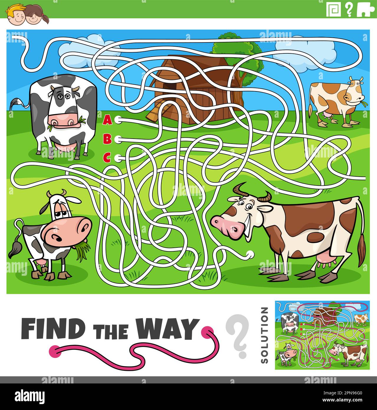 Cartoon illustration of find the way maze puzzle game with funny cows ...