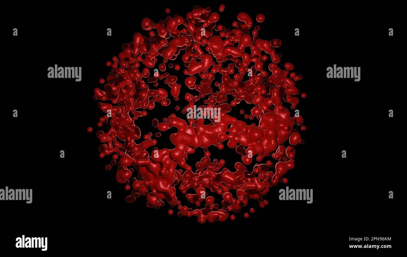 Exploding liquid sphere. Floating blood splatter. 3d render ...