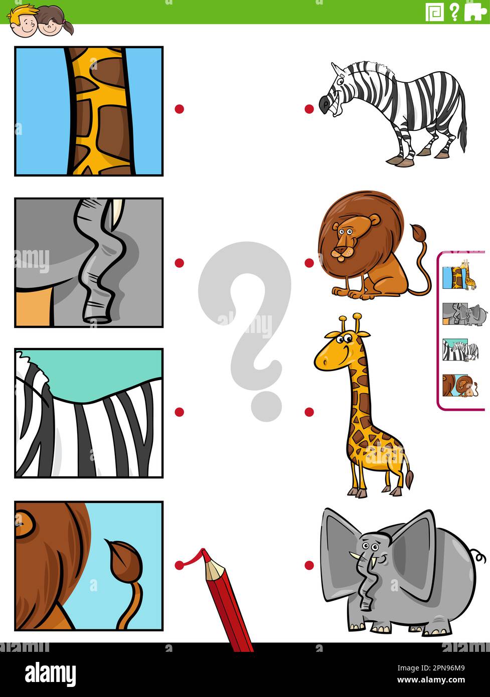 Cartoon illustration of educational matching game with animal ...