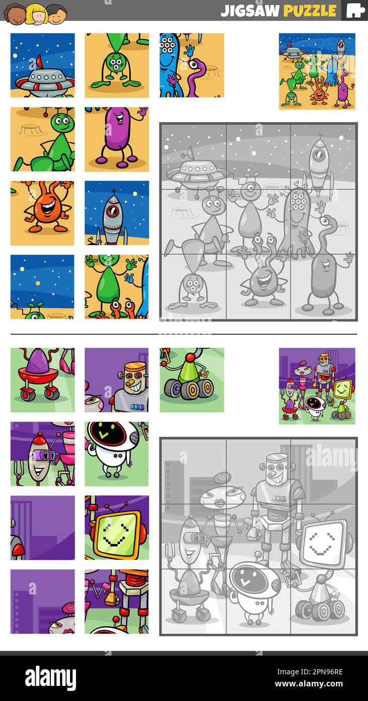 Cartoon illustration of educational jigsaw puzzle games set with aliens ...