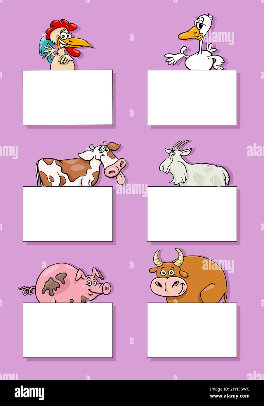 Cartoon illustration of funny farm animals with blank cards or banners ...